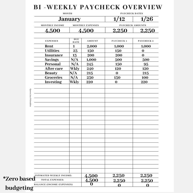 Minimal Bi-weekly Paycheck Budget | Bill Organizer | Paycheck Planner ...