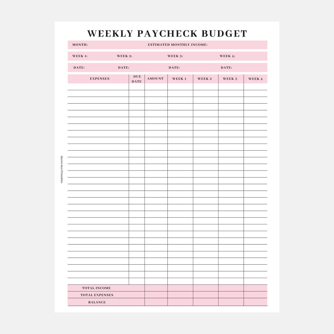 Weekly Paycheck Budget Bill Organizer Paycheck Planner Minimal Check ...