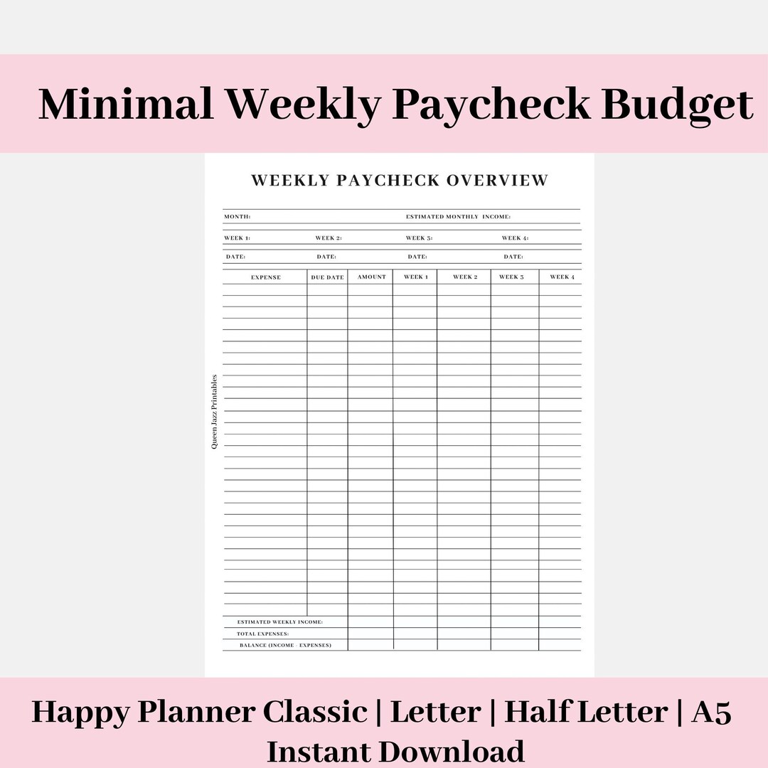 Weekly Paycheck Budget Planner: Minimalist Bill Organizer (digital ...