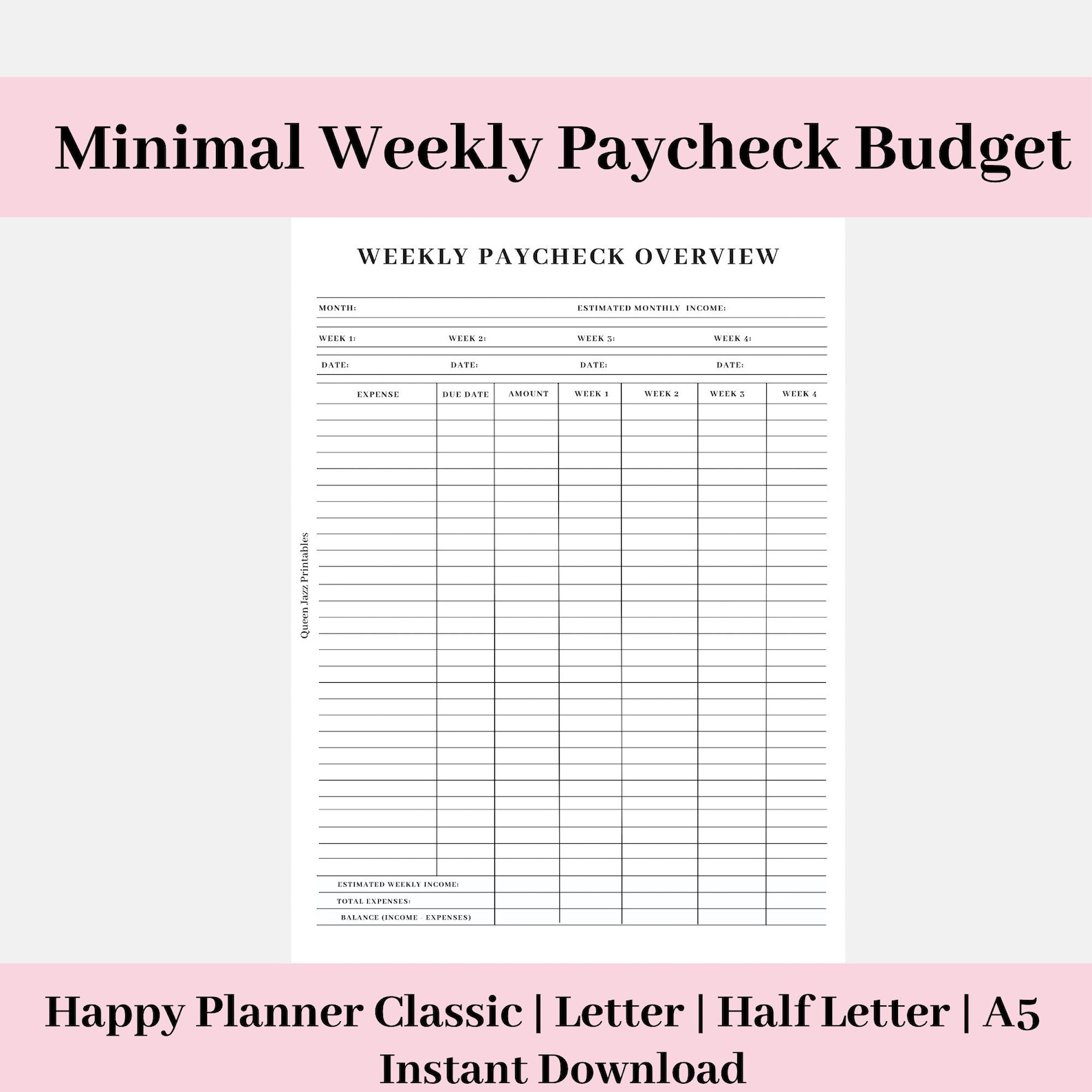 Minimal Weekly Paycheck Planner | Weekly Paycheck Budget Template ...