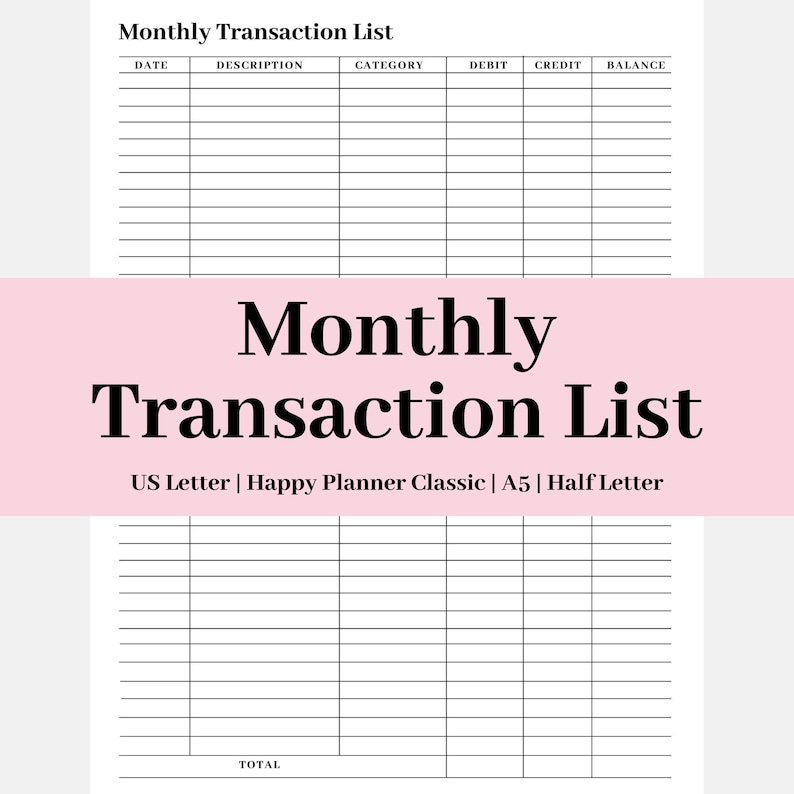 Monthly Transaction List Income and Expense Tracker - Etsy