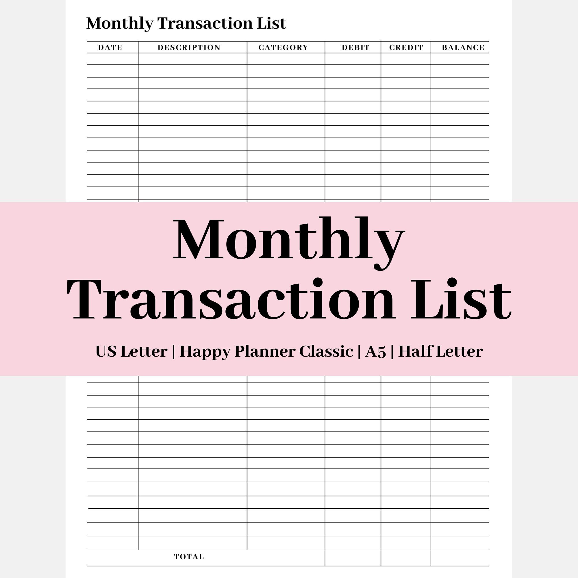 Monthly Transaction List Income and Expense Tracker - Etsy