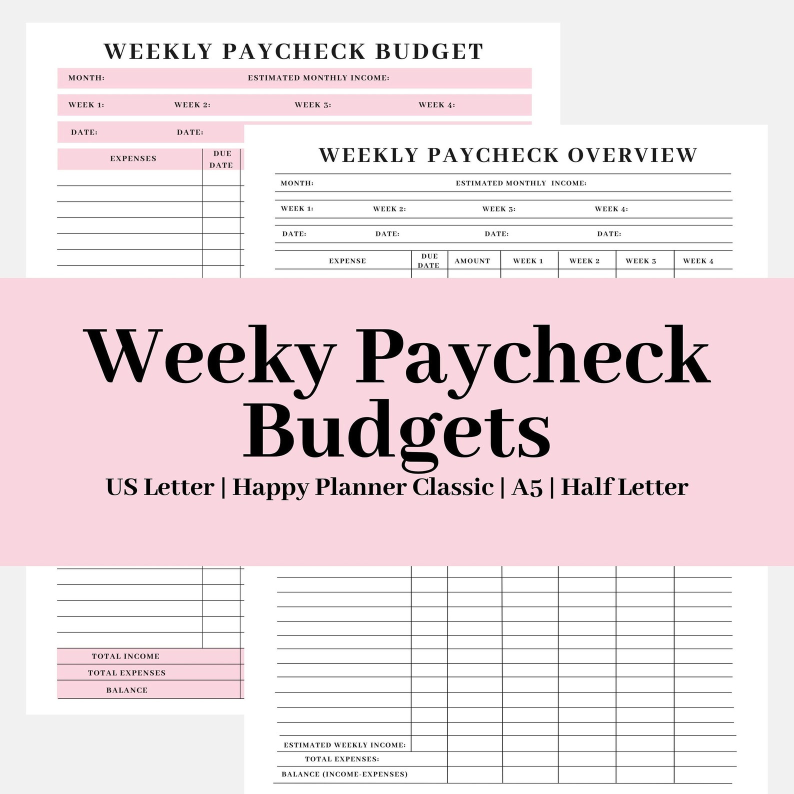 Weekly Paycheck Budget Bill Organizer Paycheck Planner Minimal Check ...