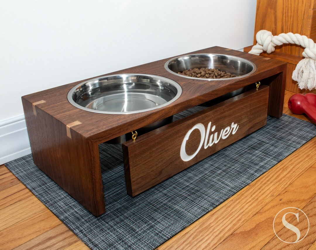 Personalized Large Wooden Dog Bow Riser With 64 Oz. Stainless Steel ...