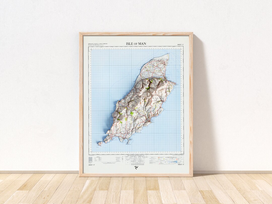Isle of Man Vintage Map Shaded Relief 2D Print / Poster Wall Art Decor ...
