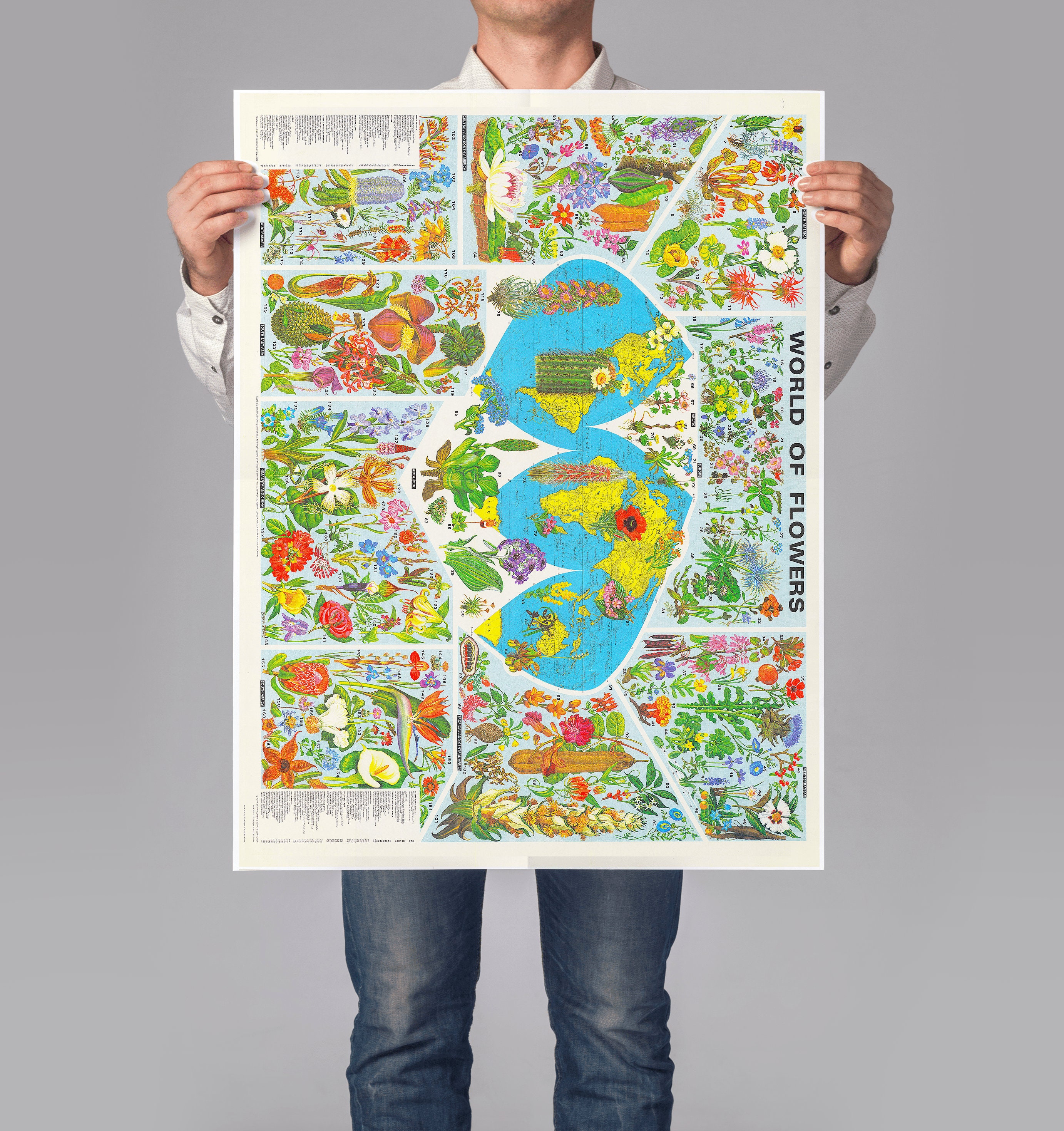 Vintage world of Flowers Map / Vintage Flower Art Print / Floral Art ...