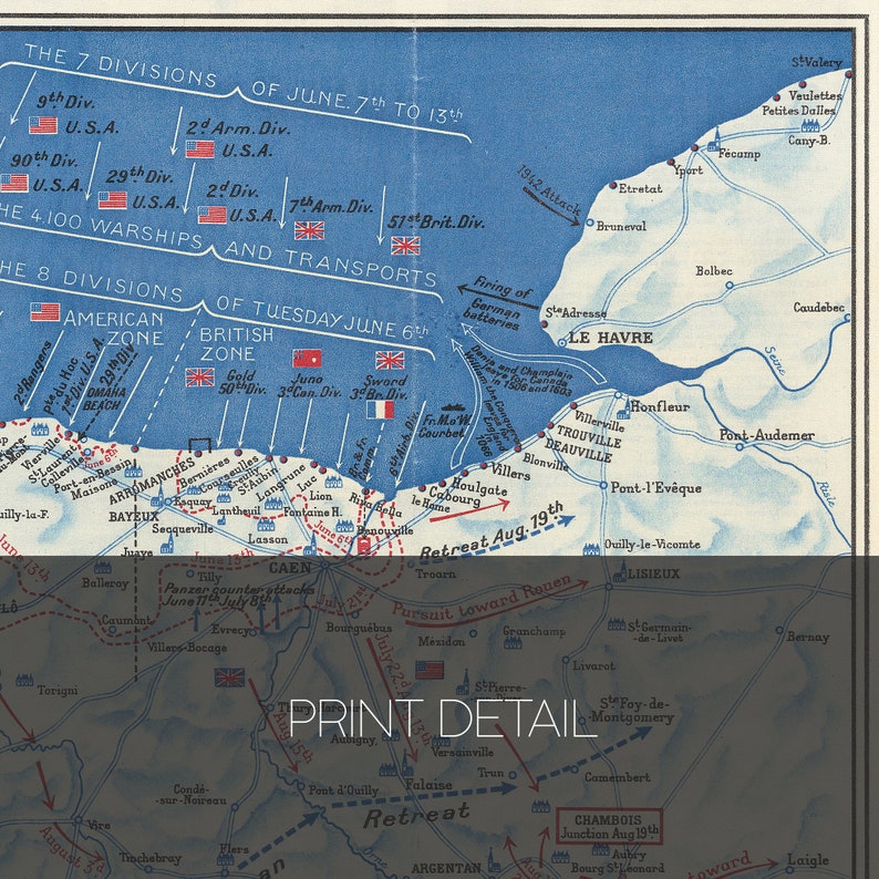 Old Map of D Day Landings in Normandy, 1944 / Map of Normandy, Vintage ...