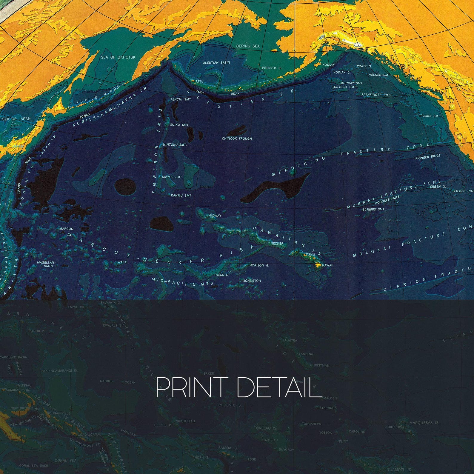 Bathymetric Map of the Pacific / Pacific Ocean Map / Vintage Polynesia ...