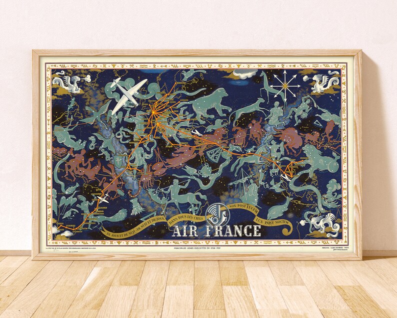 Vintage Air France Zodiac World Map Lucien Boucher, 1939 / Vintage ...