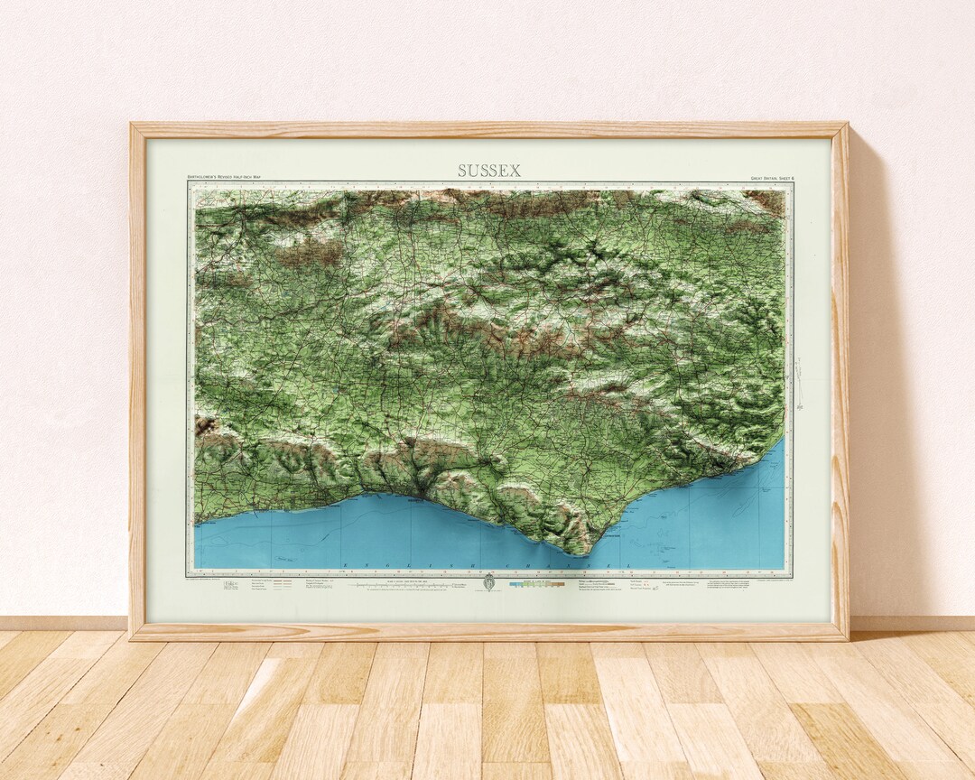 Sussex Topographic Map / Giclée Fine Art Print / Bognor Regis, Worthing ...