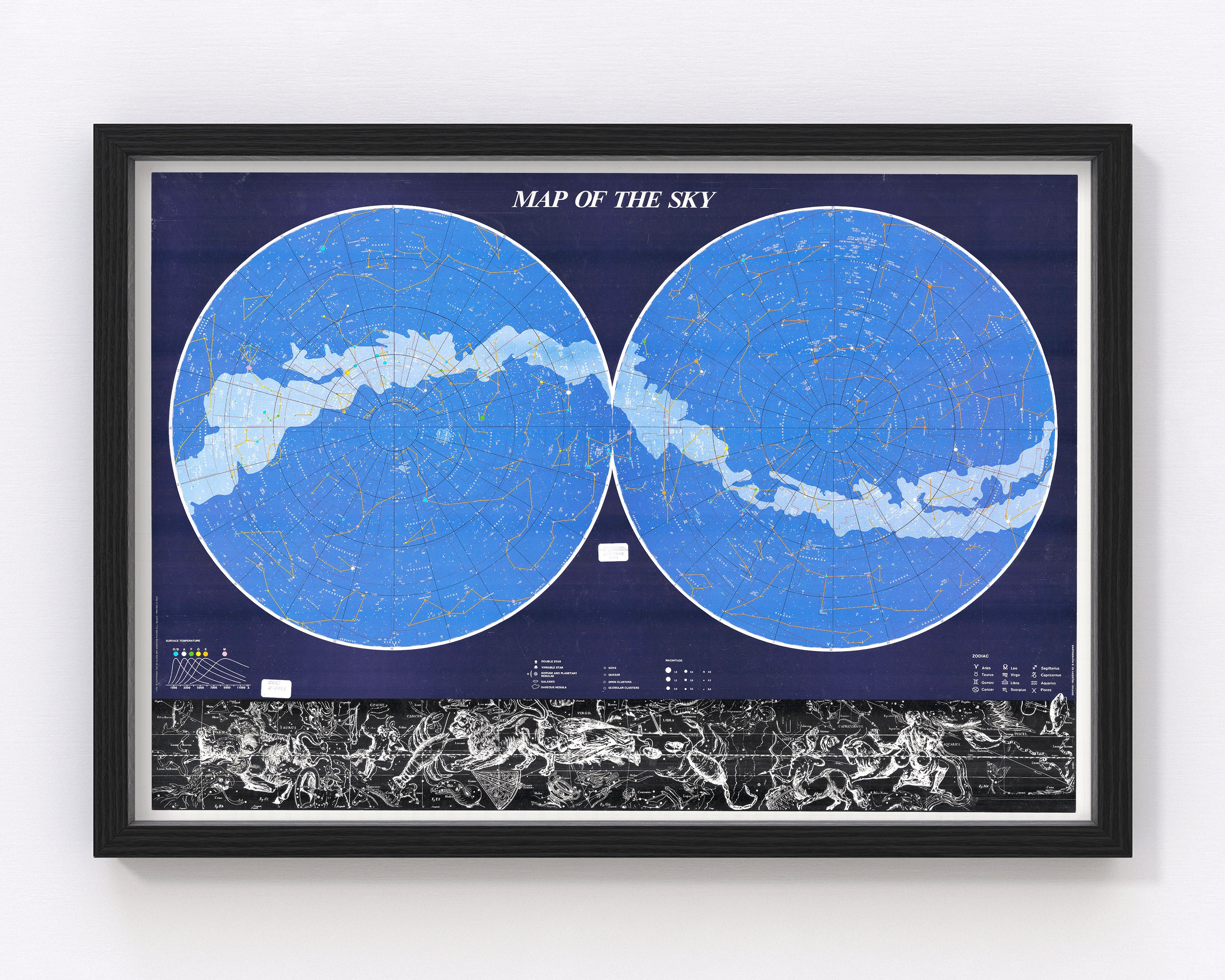 Vintage map of the Night Sky Art Print / Zodiac Wall Art / Vintage Star ...