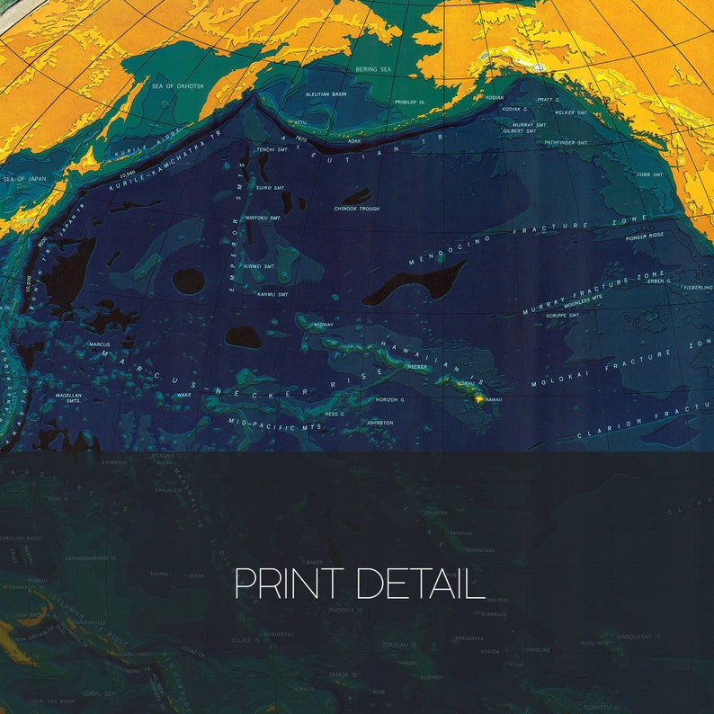 Bathymetric Map of the Pacific / Pacific Ocean Map / Vintage Polynesia ...