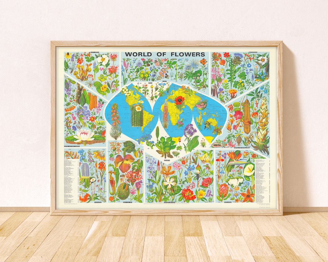 Vintage "world of Flowers" Map / Vintage Flower Art Print / Floral Art ...