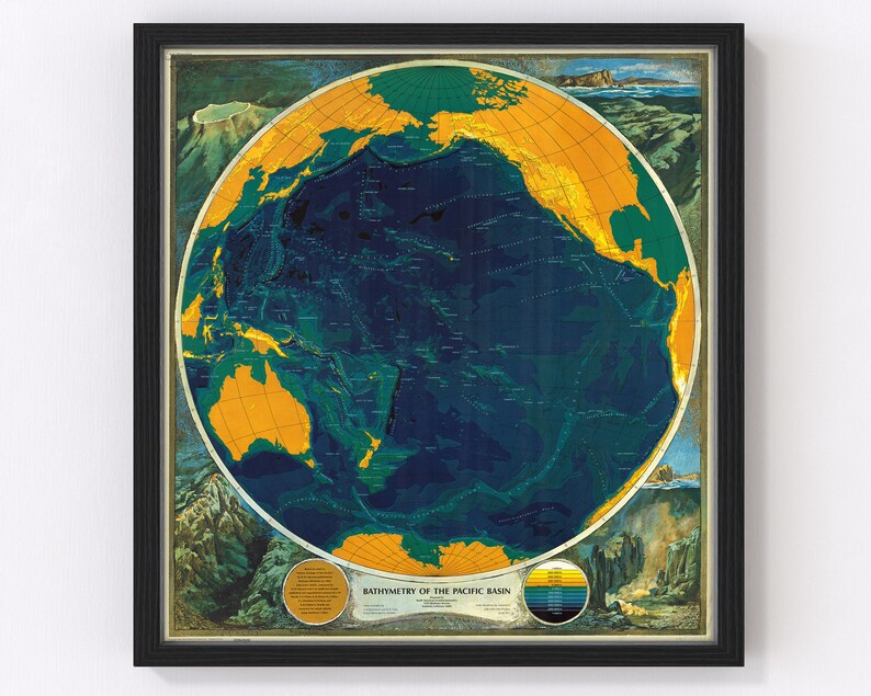 Bathymetric Map of the Pacific / Pacific Ocean Map / Vintage Polynesia ...