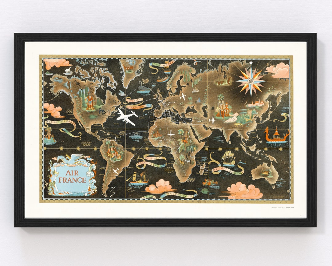 Vintage World Map - Lucien Boucher, 1947 / Vintage Retro Poster ...