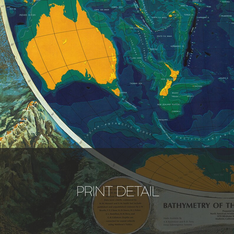 Bathymetric Map of the Pacific / Pacific Ocean Map / Vintage Polynesia ...