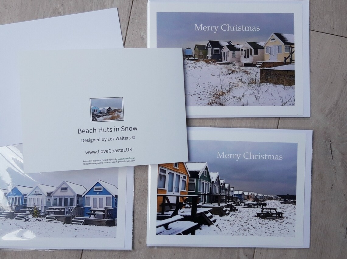 Christmas Cards Coastal Christmas Card Set of Dorset Beach Huts in Snow ...