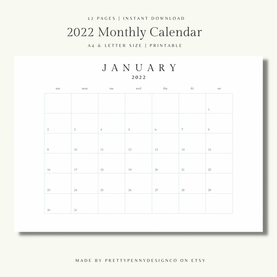 Monthly Calendar Printable Landscape, Minimalist Calendar Template ...