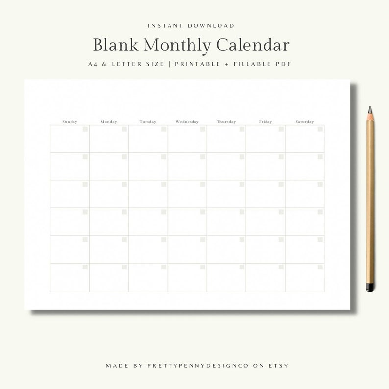 Blank Monthly Calendar Printable Landscape, Minimalist Calendar ...