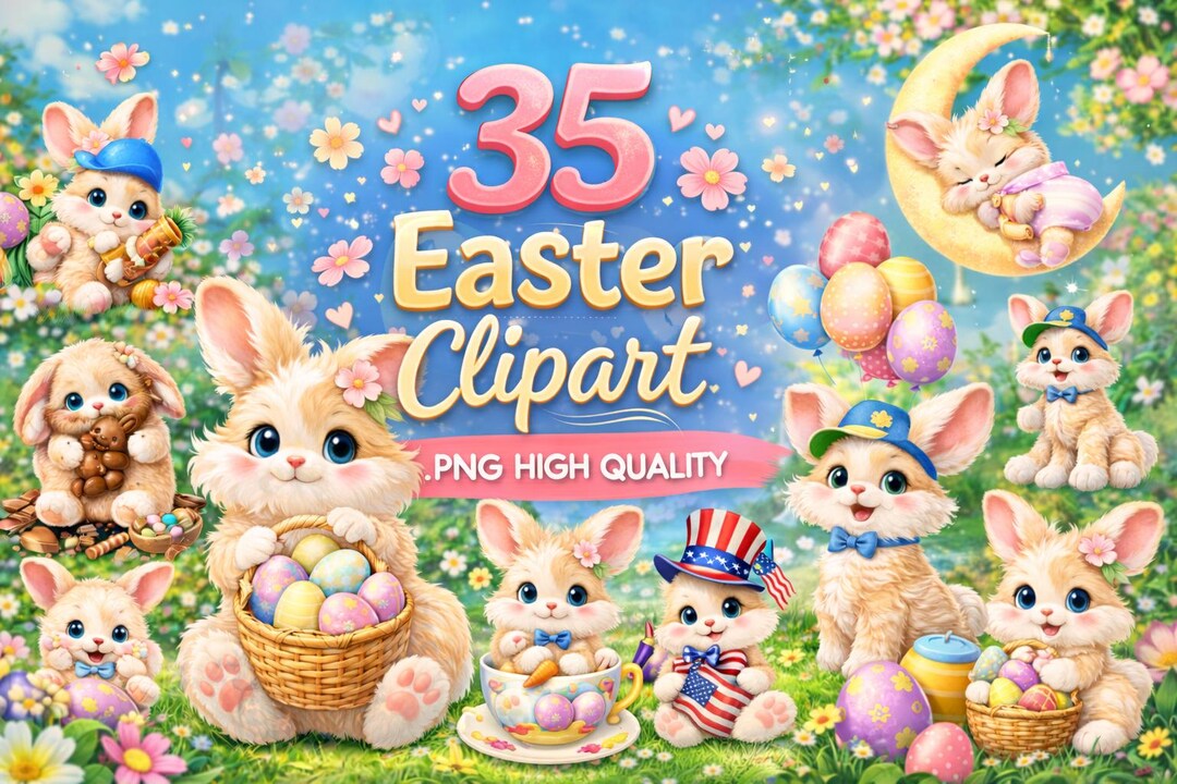 35 Easter Bunny Clipart PNG – Whimsical Pastel Graphics (digital ...