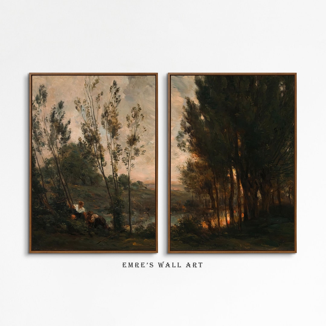 Forest Landscape Painting Set: Antique Farmhouse Split Panel Art ...