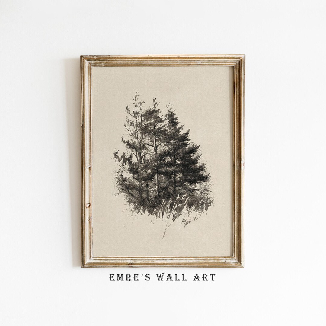 Neutral Pine Trees Print, Rustic Sketch Wall Art, Vintage Tree Drawing ...