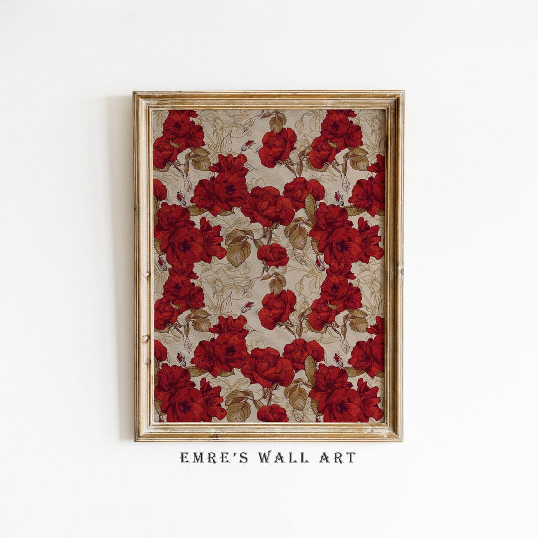 Vintage Red Roses Pattern Print, Retro Floral Printable Wall Art, Rose ...