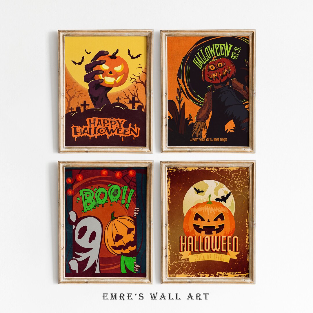 Printable Halloween Wall Art, Halloween Pumpkin Art Decor, Retro ...