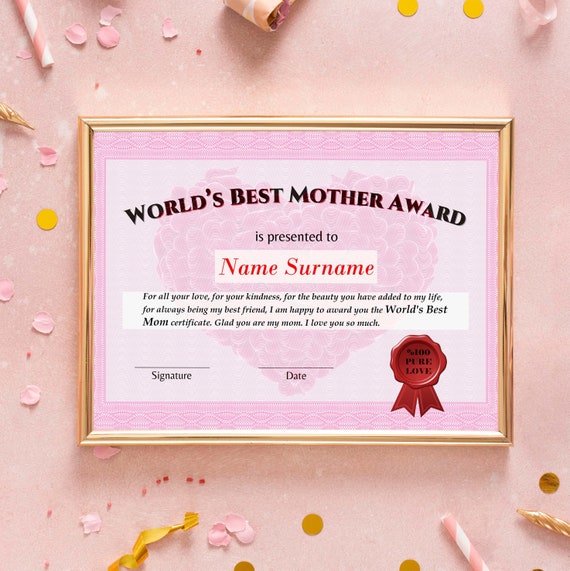 Mothers Day Certificate Best Mum in the World Gift Mothers | Etsy