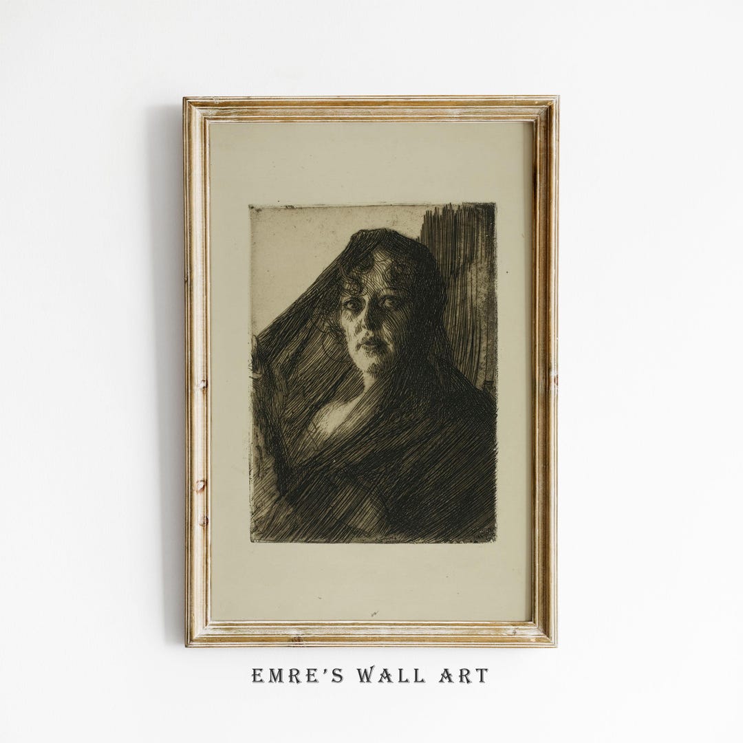 Antique Woman Sketch Art Print, Vintage Etching Wall Art, Old Portrait ...
