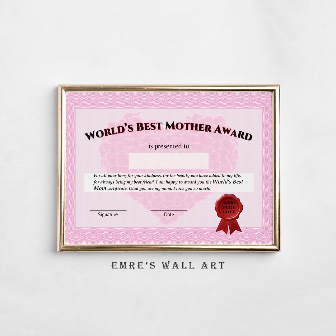 Mothers Day Certificate, Best Mum in the World Gift, Mothers Day Award ...