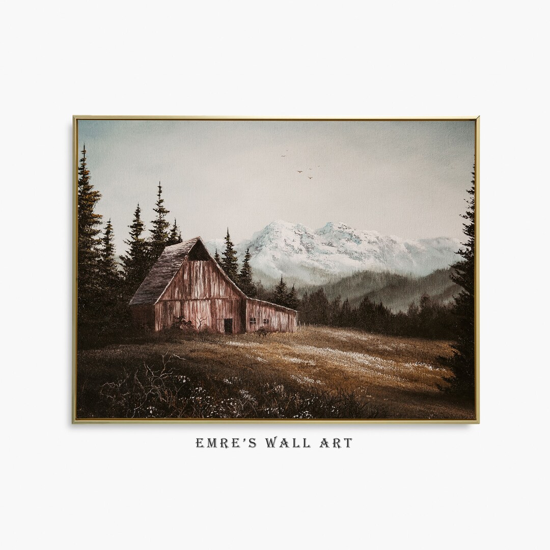 Vintage Rustic Farmhouse Painting, Cottagecore Landscape Wall Decor ...