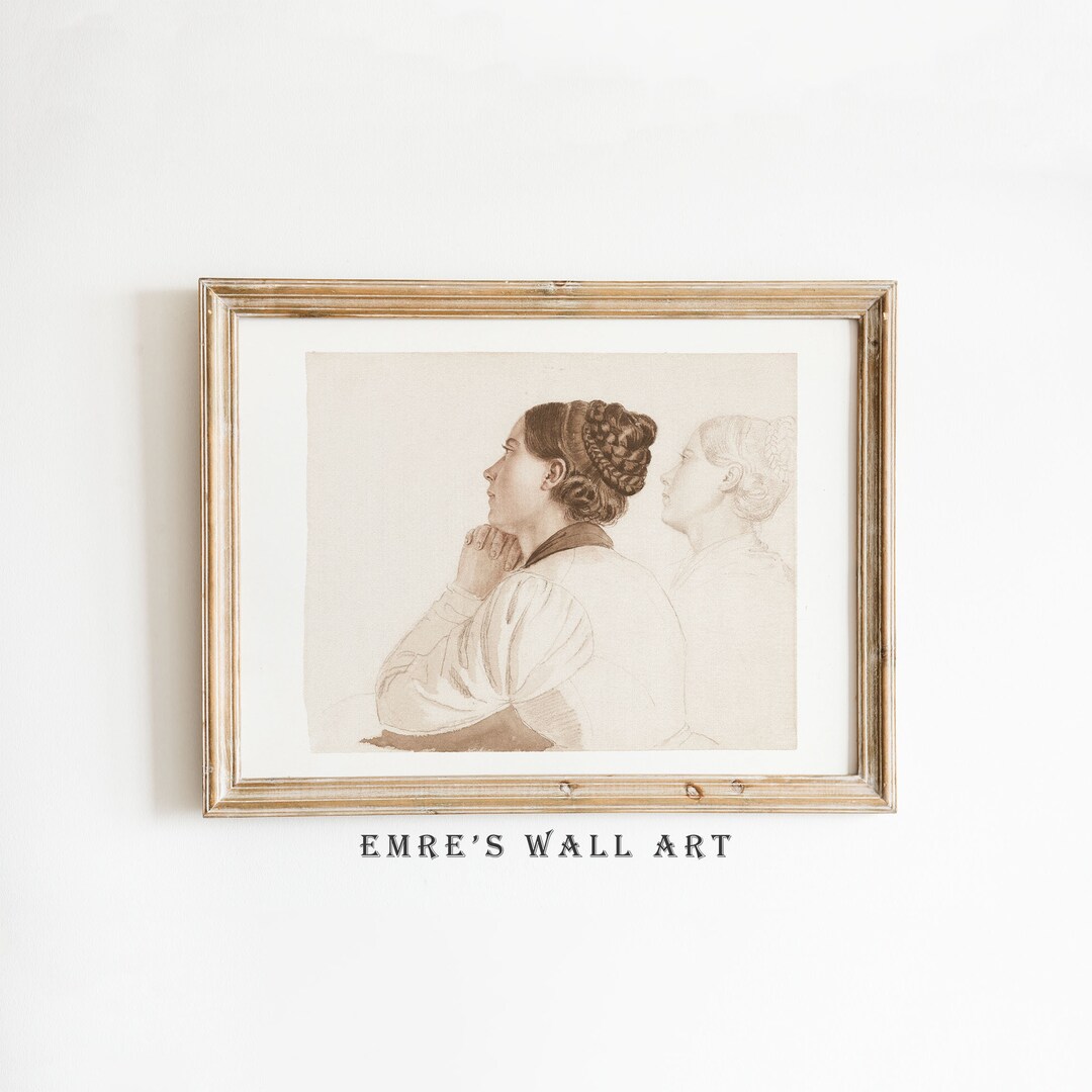 Vintage Portrait Drawing, Antique Woman Sketch Art, Light Aesthetic Art ...