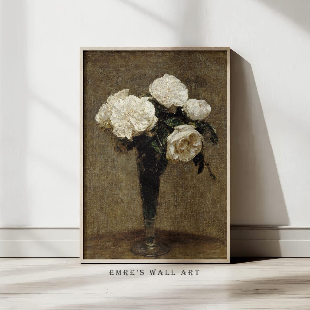 White Roses Oil Painting Print: Vintage Still Life Floral Wall Decor ...