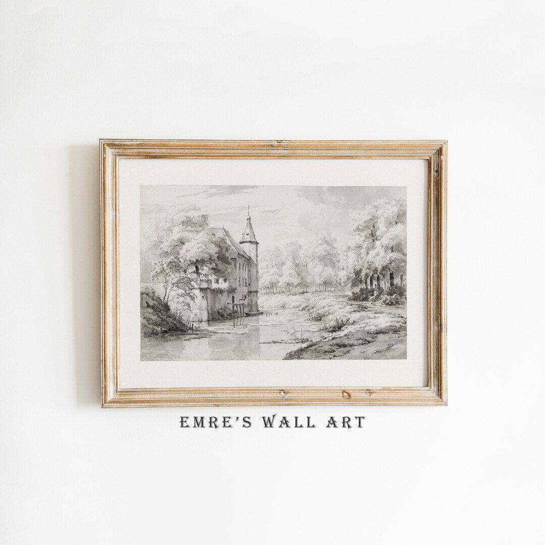 Rustic Sketch Art Print, Vintage Landscape Drawing Decor, Neutral ...