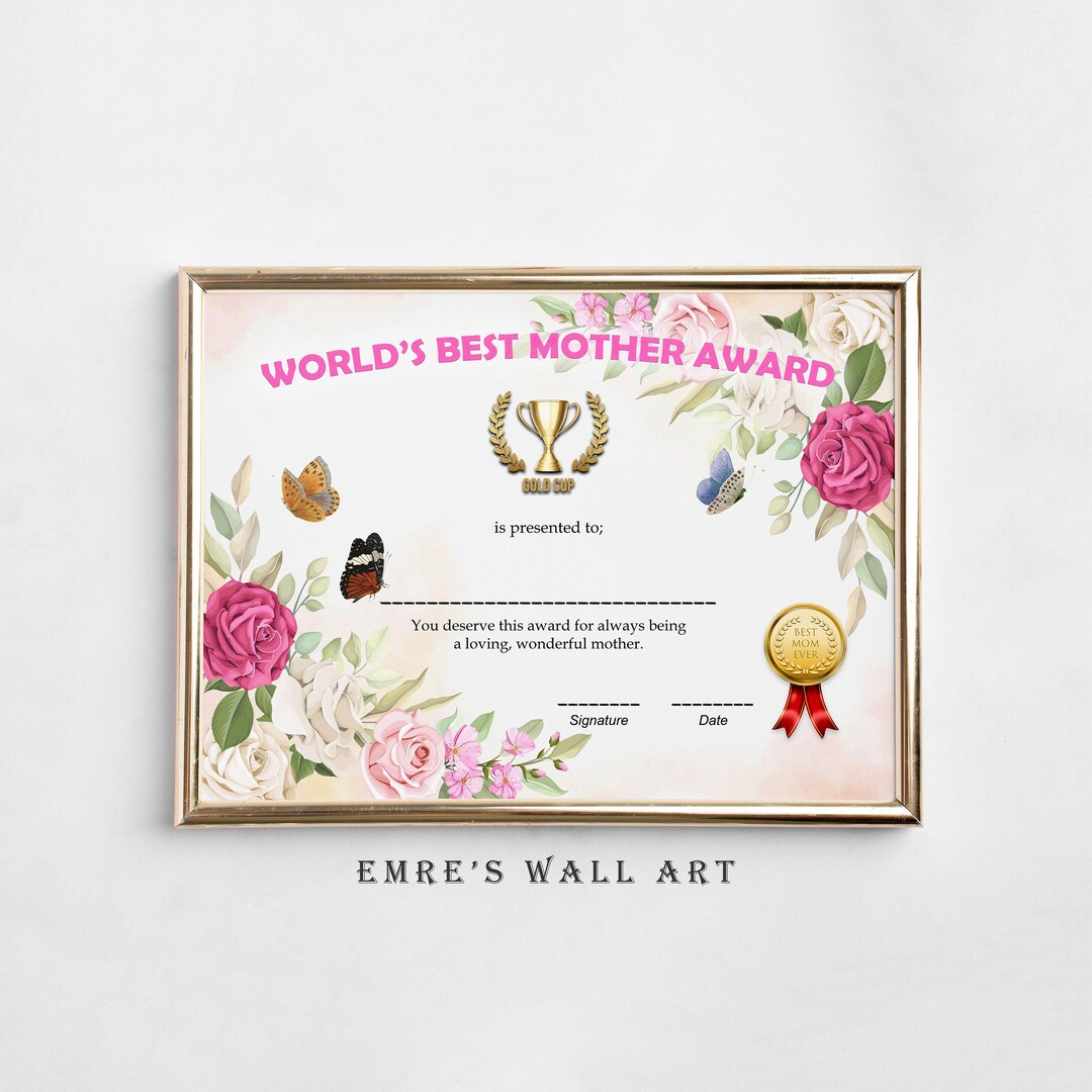 Mothers Day Certificate, Best Mum in the World Gift, Mothers Day Award ...