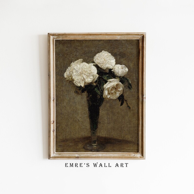 White Roses Oil Painting Print: Vintage Still Life Floral Wall Decor ...