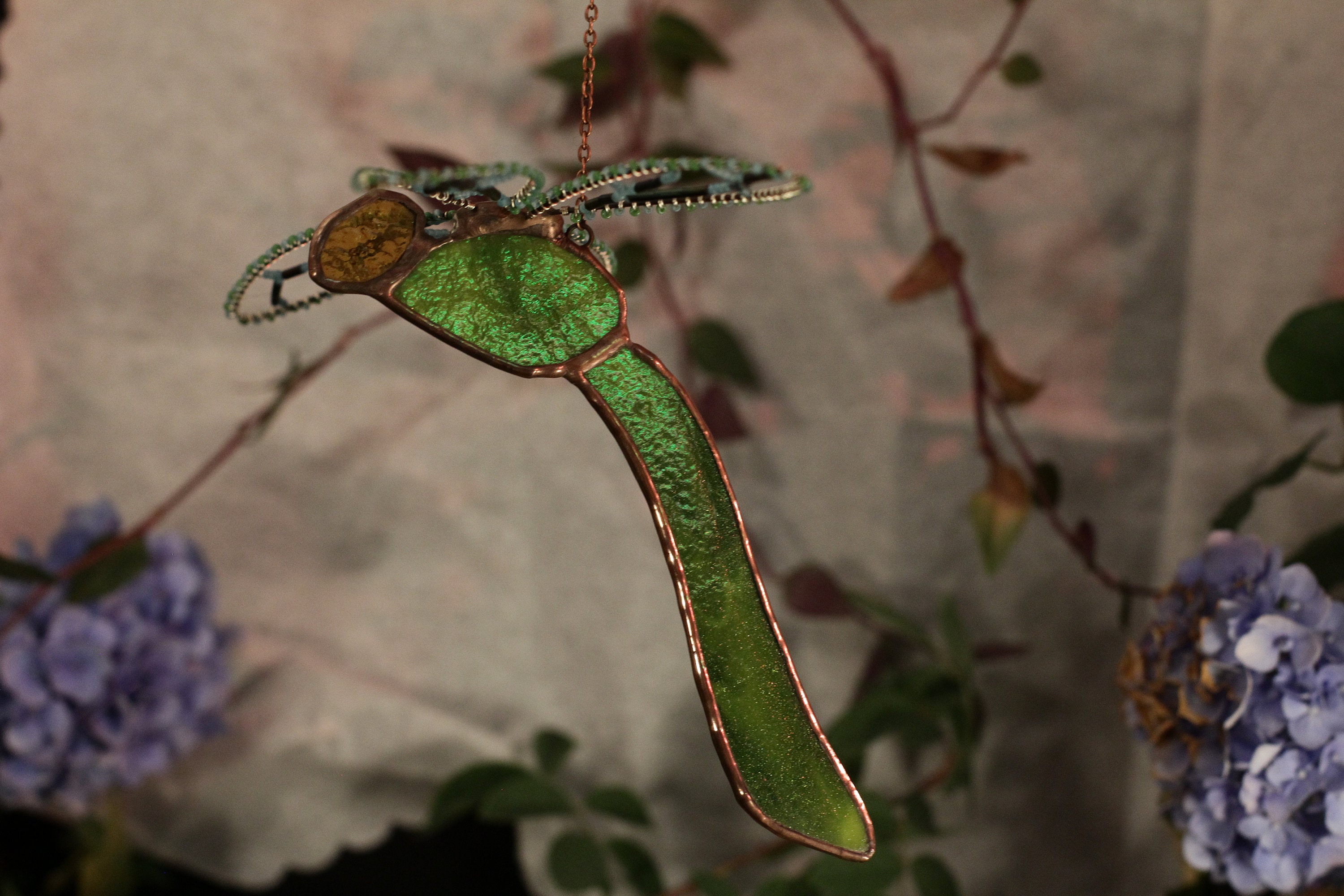 Enchanting Forest Sprite: Bright Green Stained Glass Dragonfly, Ceiling ...