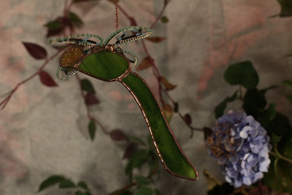 Enchanting Forest Sprite: Bright Green Stained Glass Dragonfly, Ceiling ...