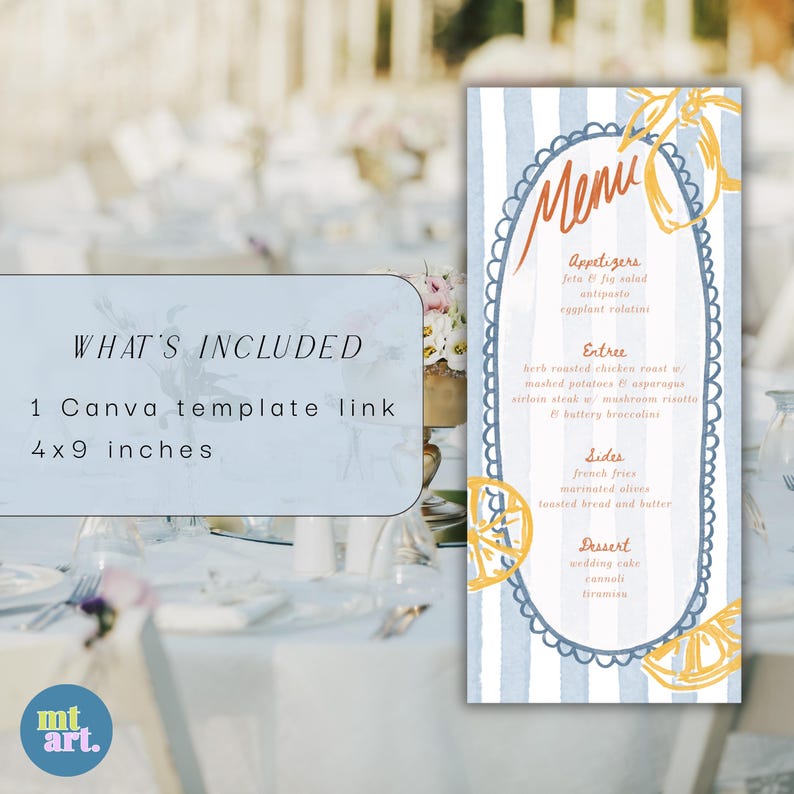 Lemon Wedding Menu Template | Hand-drawn Dolce Vita (digital Download ...