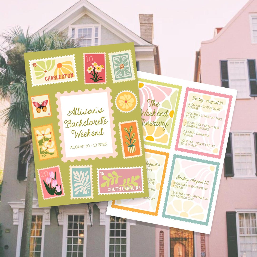 Vintage Postage Stamp Bachelorette Weekend Itinerary Template (canva ...