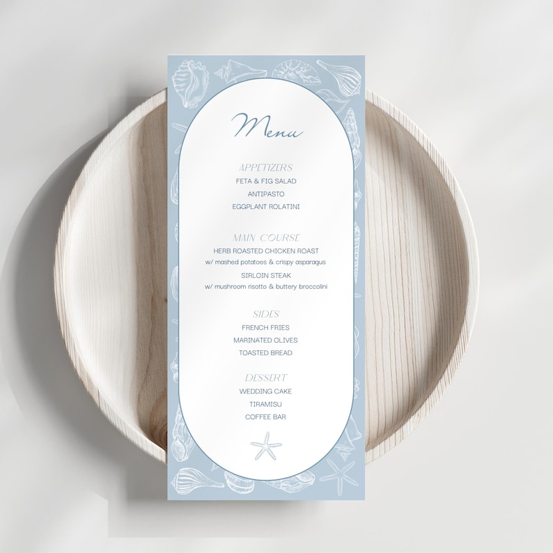 Coastal Menu Canva Template | Nautical Beach Seashell Inspired Wedding ...