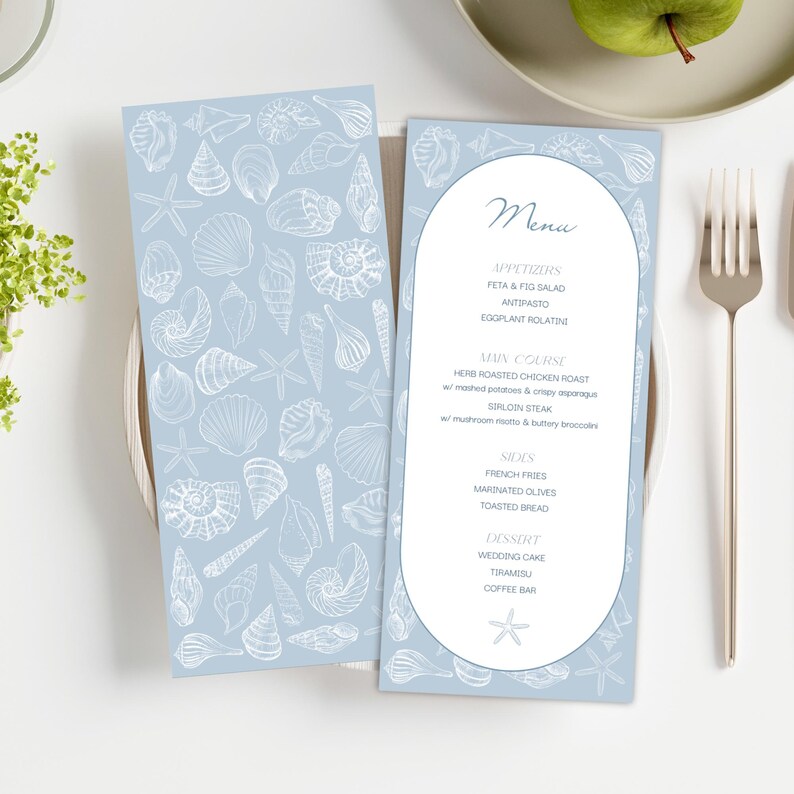 Coastal Menu Canva Template | Nautical Beach Seashell Inspired Wedding ...