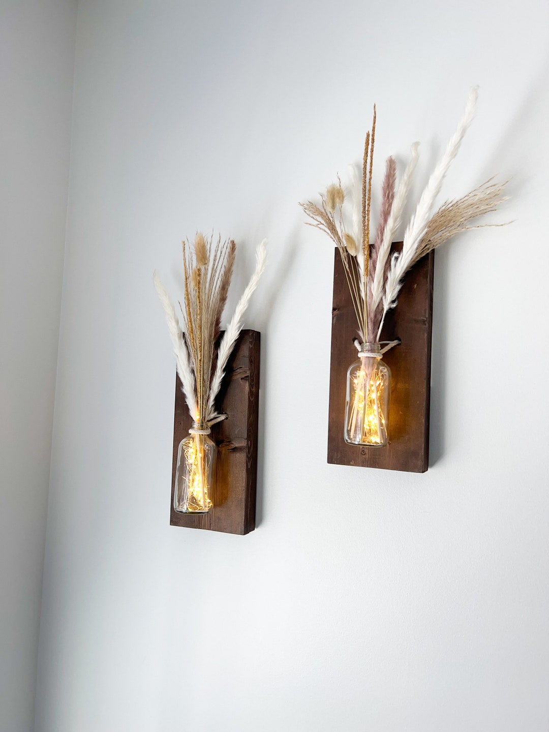Rustic Wood Farmhouse Sconces With Pampas Grass (set of 2) - Etsy
