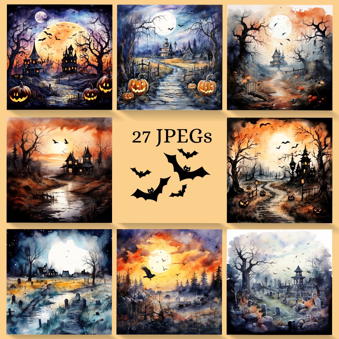 Watercolor Halloween Landscapes Set of 27 Jpegs Digital Paper ...