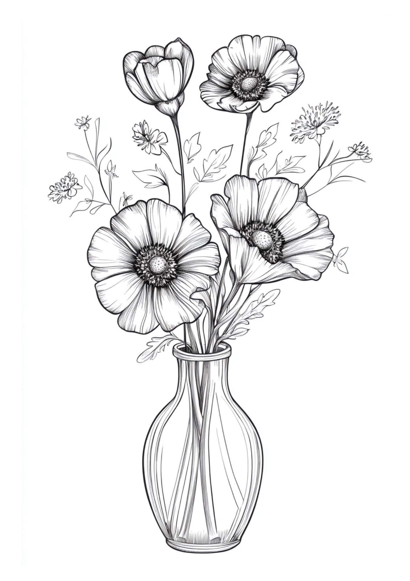 Flower Vase Coloring Page Collection, PDF File, Instant Download ...