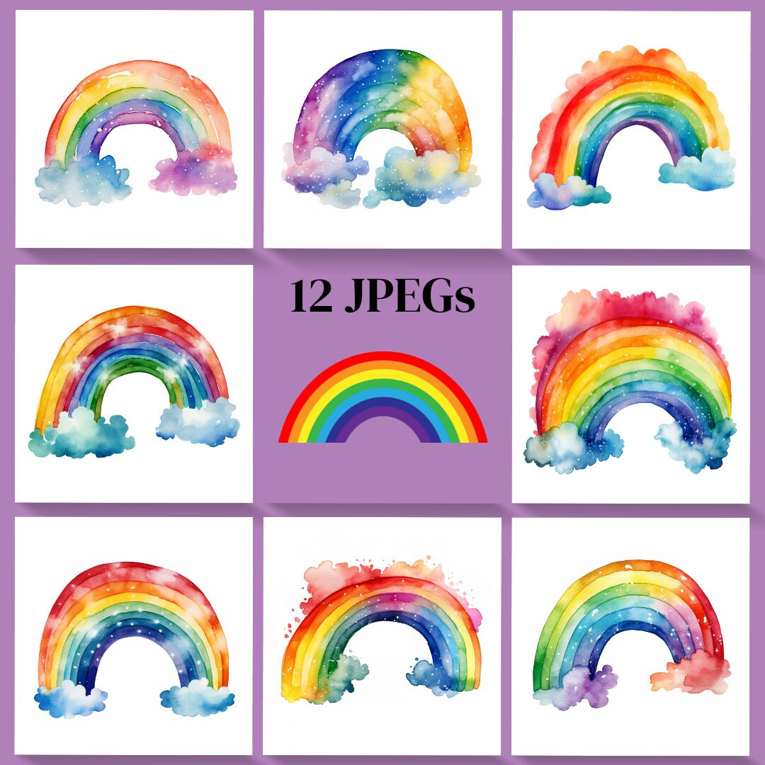Watercolor Rainbows Collection, Set of 12 Jpegs, Commercial License ...