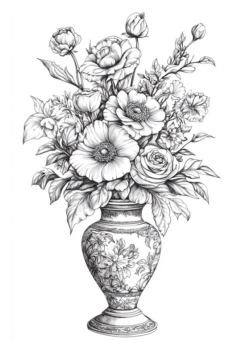 Flower Vase Coloring Page Collection, PDF File, Instant Download ...