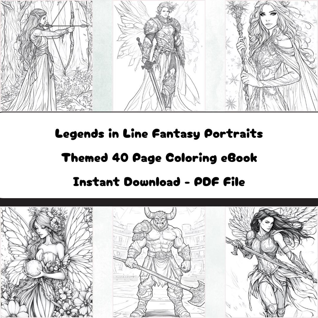 Legends in Line: Fantasy Portraits, 40 Page Coloring Book, Instant ...