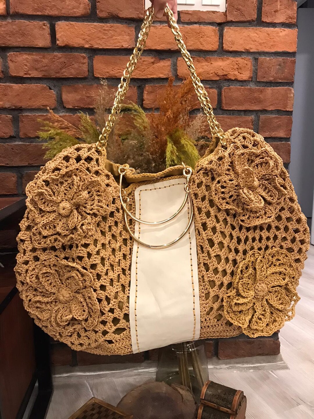Beach Bags , Handmade Raffia Bubble Bag Crocheted Boho Shoulder Natural ...